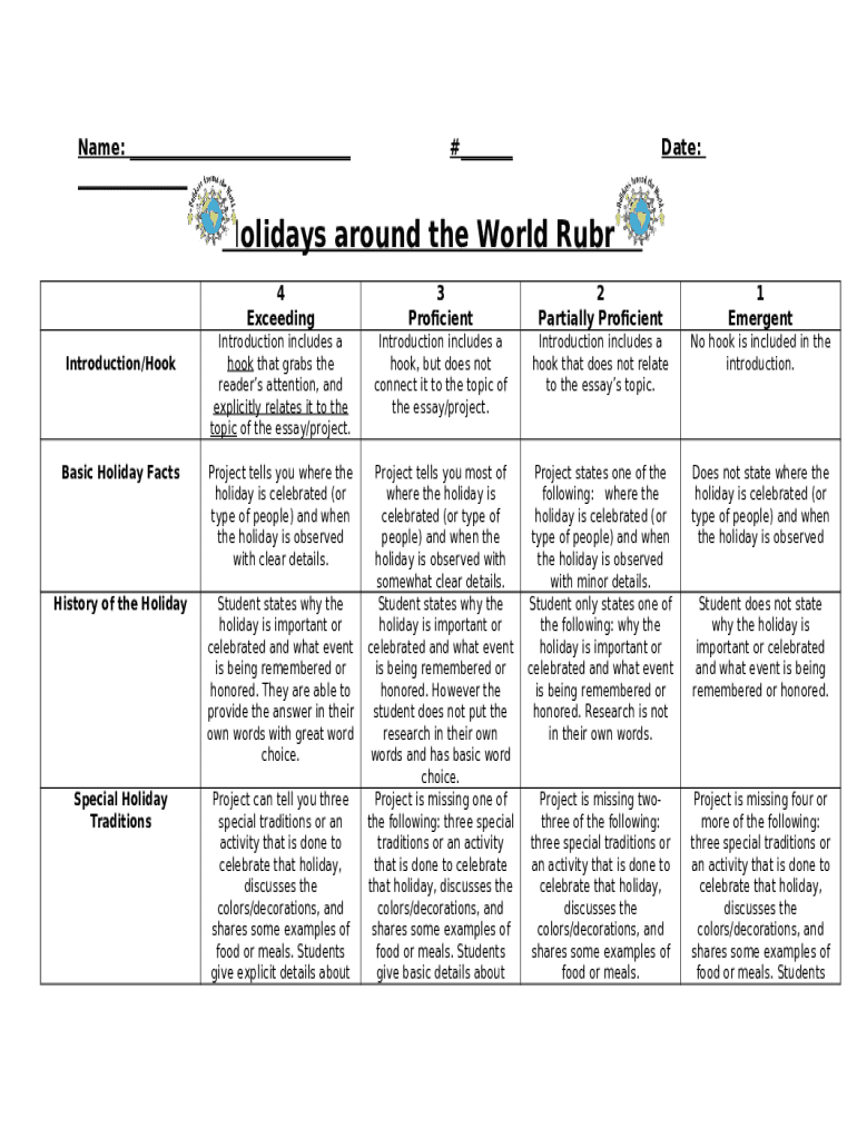 Holidays around the World Rubric Doc Template | pdfFiller
