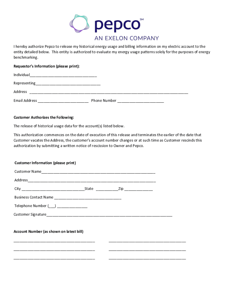 Fillable Online I hereby authorize Pepco to release my historical energy ... Fax Email Print ...