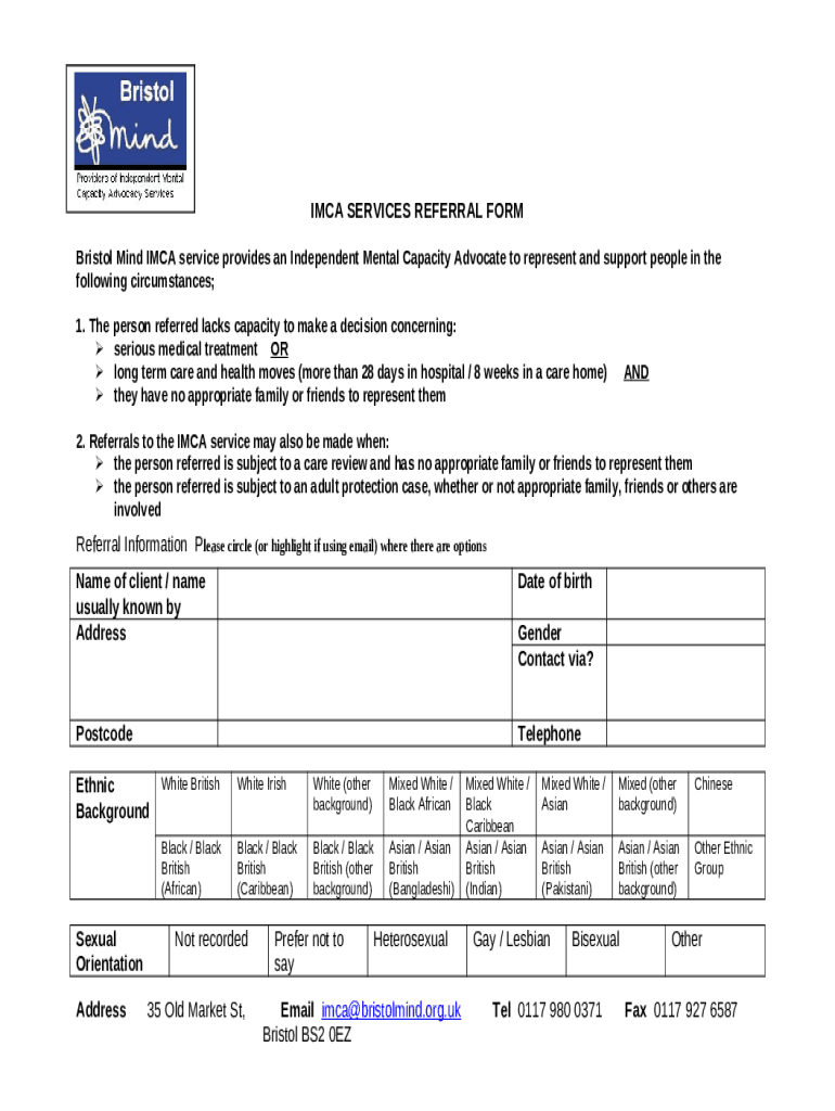 IMCA SERVICES REFERRAL - bristolmind org Doc Template | pdfFiller
