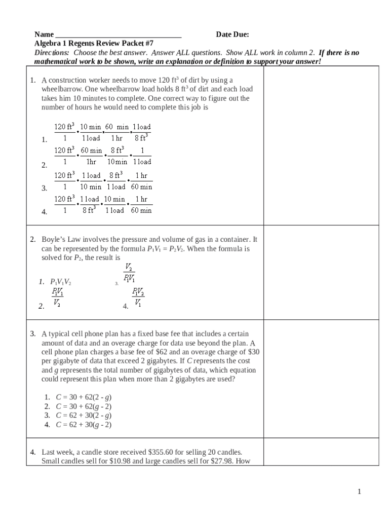 Algebra Regents Review, Multiple Choice Doc Template | pdfFiller Algebra Regents Review, Multiple Choice Doc Template | pdfFiller