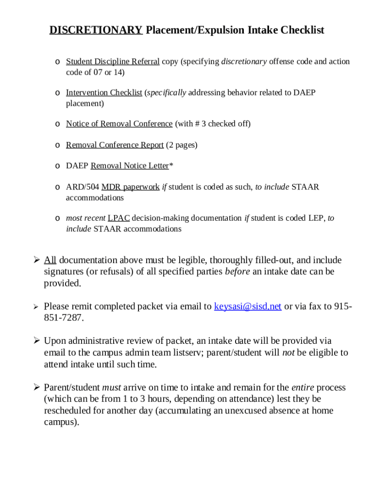 DISCRETIONARY Placement/Expulsion Intake Checklist Student ... Doc ...