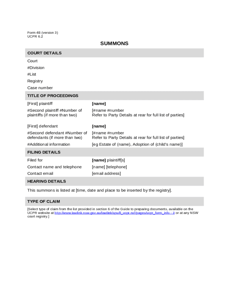 NSW UCPR 4B - Summons - filing party acting in person or by authorised officer Doc Template ...
