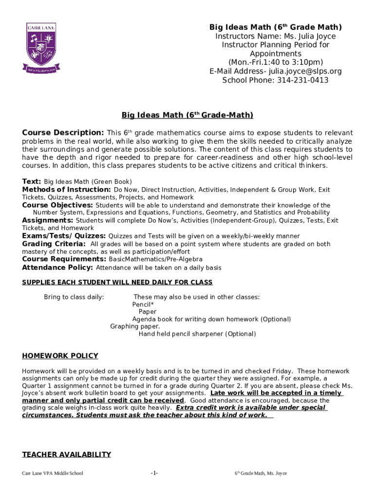 Big Ideas Math (6th Grade Math) Doc Template | pdfFiller