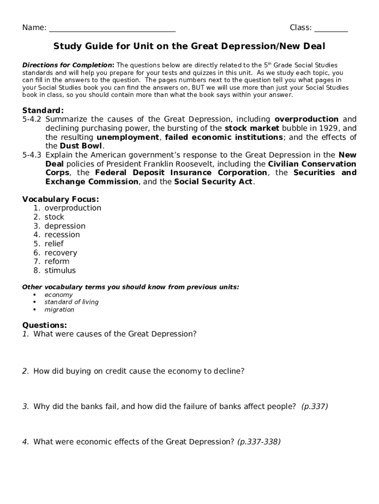 Social Studies 5th Grade Great Depression New Deal Content ... Doc ...
