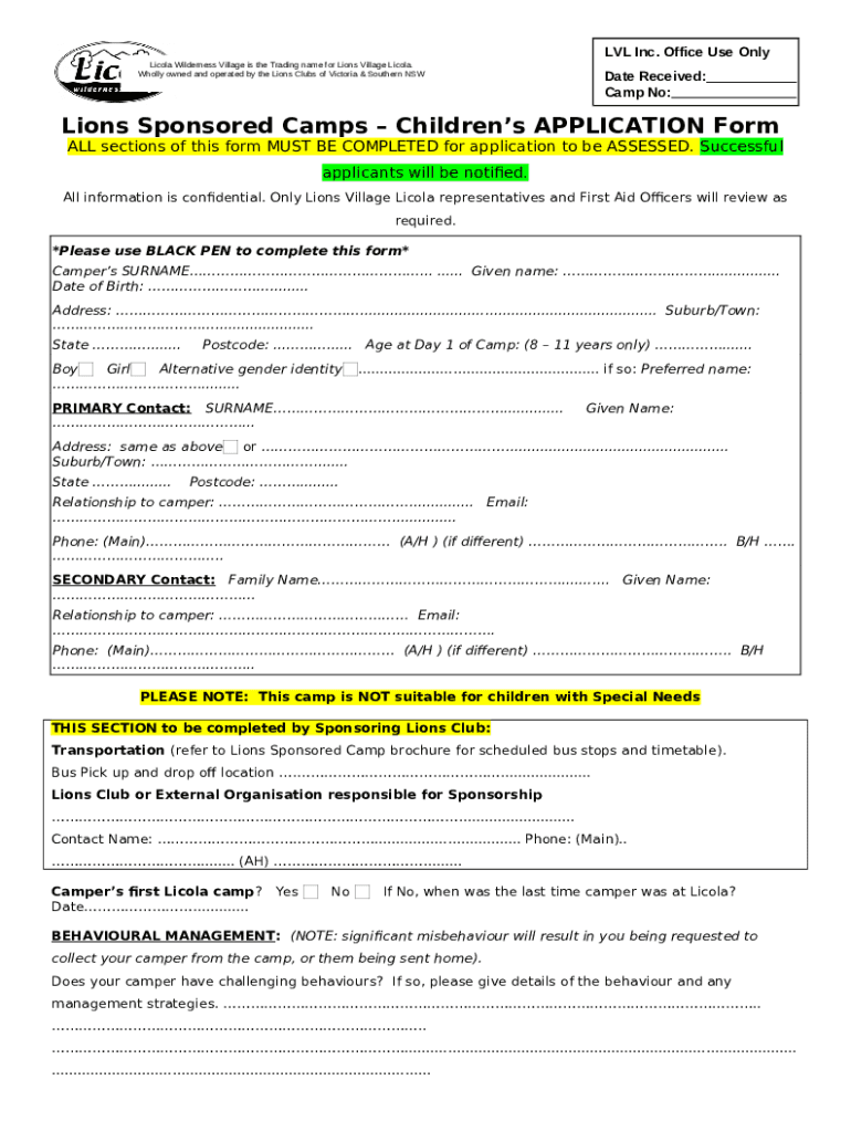 Lions Sponsored Camps - Children's APPLICATION Doc Template | pdfFiller