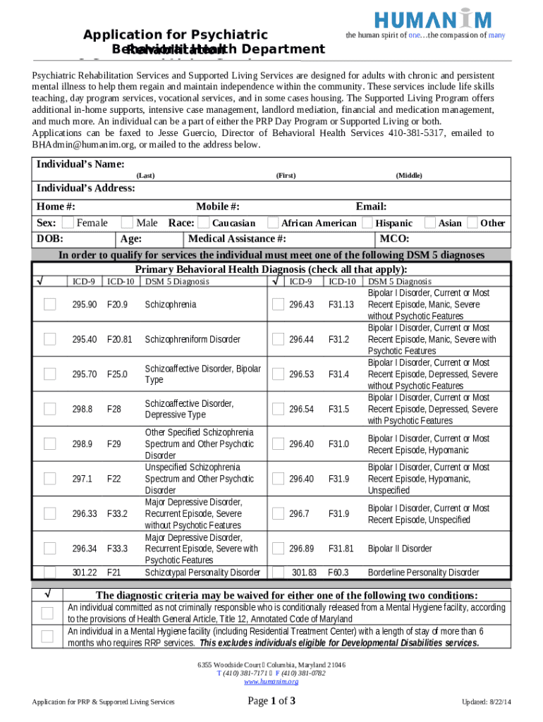 Application for Psychiatric Rehabilitation, Supported Living, ... Doc Template | pdfFiller