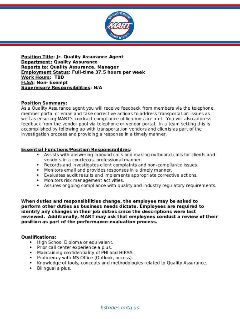 Quality Assurance Analyst FLSA Status Non-exempt Job ... Doc Template | pdfFiller