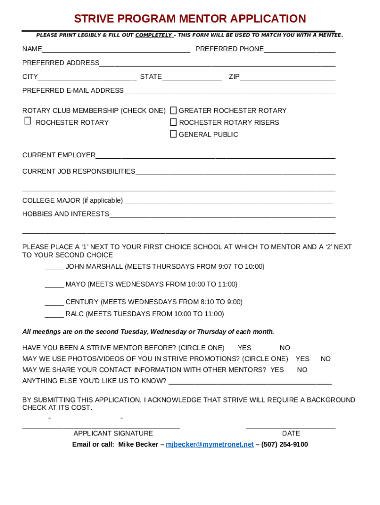 STRIVE TRiO STUDENT MENTEE APPLICATION Doc Template | pdfFiller