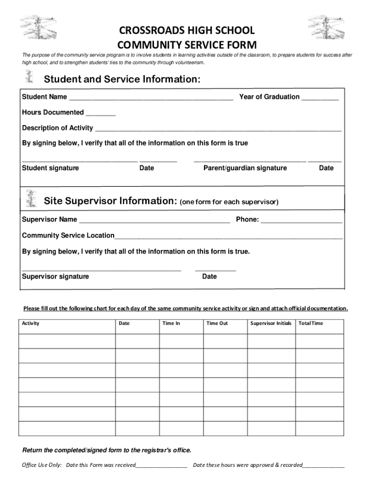 Fillable Online CROSSROADS HIGH SCHOOL COMMUNITY SERVICE FORM Fax Email ...