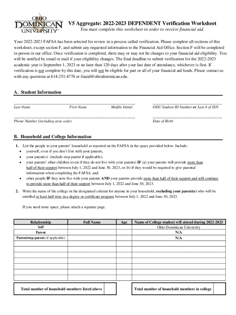 Fillable Online V5 Aggregate: 2022-2023 DEPENDENT Verification Worksheet Fax Email Print - pdfFiller
