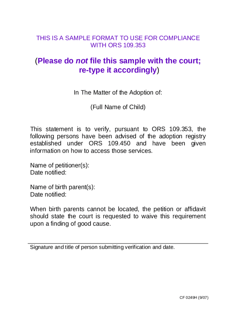 Voluntary Adoption Registry Notification Sample Cf0249H 9/02. Private ...