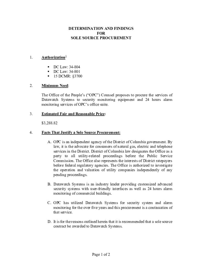 Fillable Online Determination Findings for Sole Source Procurement - ... Fax Email Print - pdfFiller