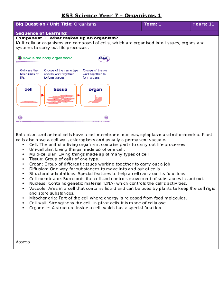 Year 7 Blended Learning Booklet Unit 1: Organisms Doc Template | pdfFiller