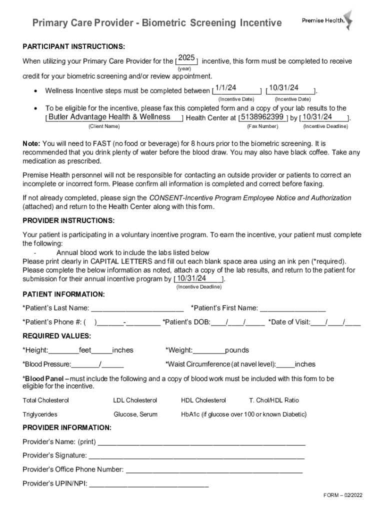 Fillable Online Primary Care Provider - Biometric Screening Incentive ...