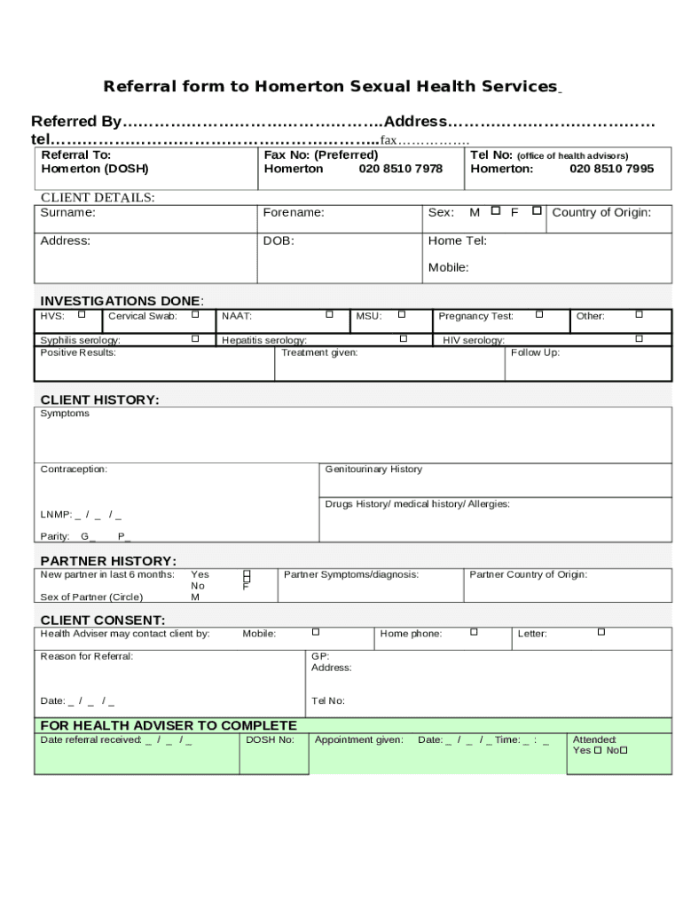 Referral to Homerton Department of Sexual Health Doc Template | pdfFiller