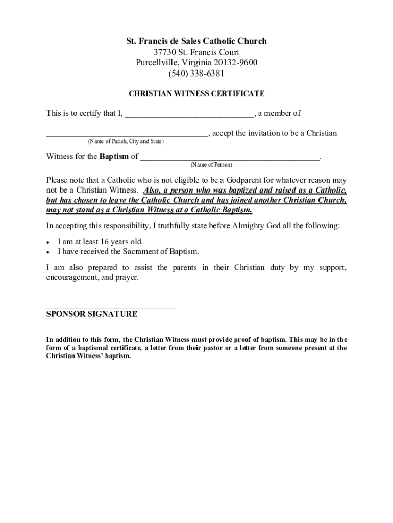 Fillable Online christian witness certificate - Saint Francis DeSales Fax Email Print - pdfFiller