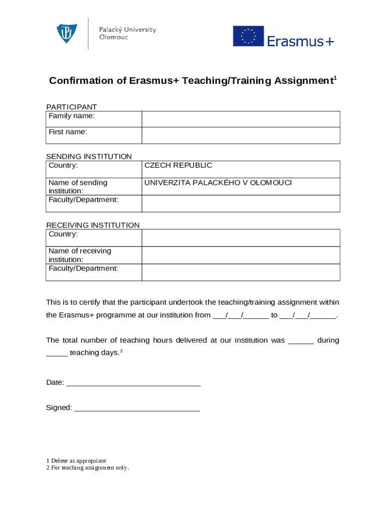 Confirmation of Erasmus teaching assignment (STA) Doc Template | pdfFiller