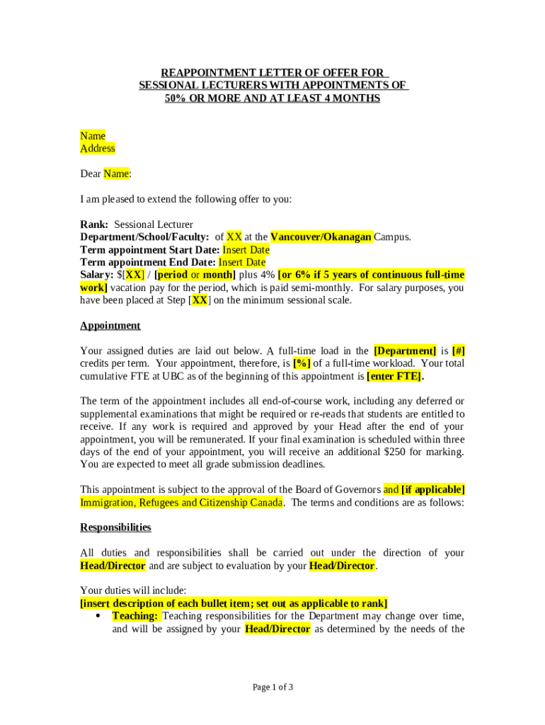 II. Sample Postdoctoral Fellow Reappointment Offer Letter - hr ubc Doc ...