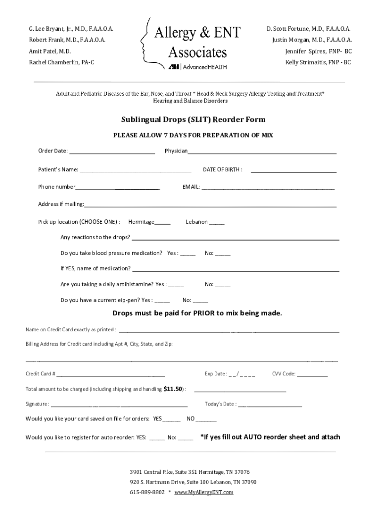 Fillable Online Sublingual Drops (SLIT) Reorder Form Fax Email Print - pdfFiller
