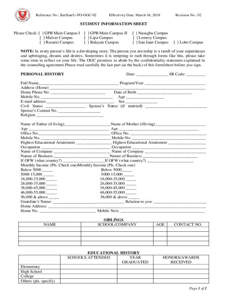 Fillable Online batstate-u edu STUDENT INFORMATION SHEET Please Check Fax Email Print - pdfFiller
