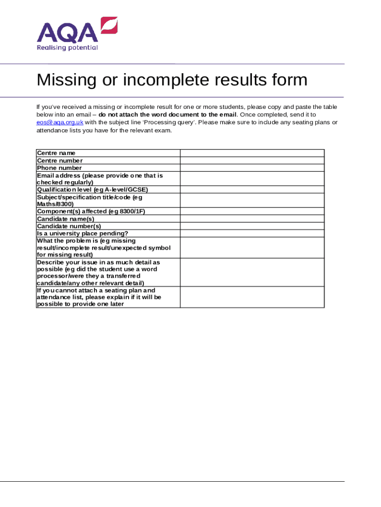 Missing or incomplete results Doc Template | pdfFiller
