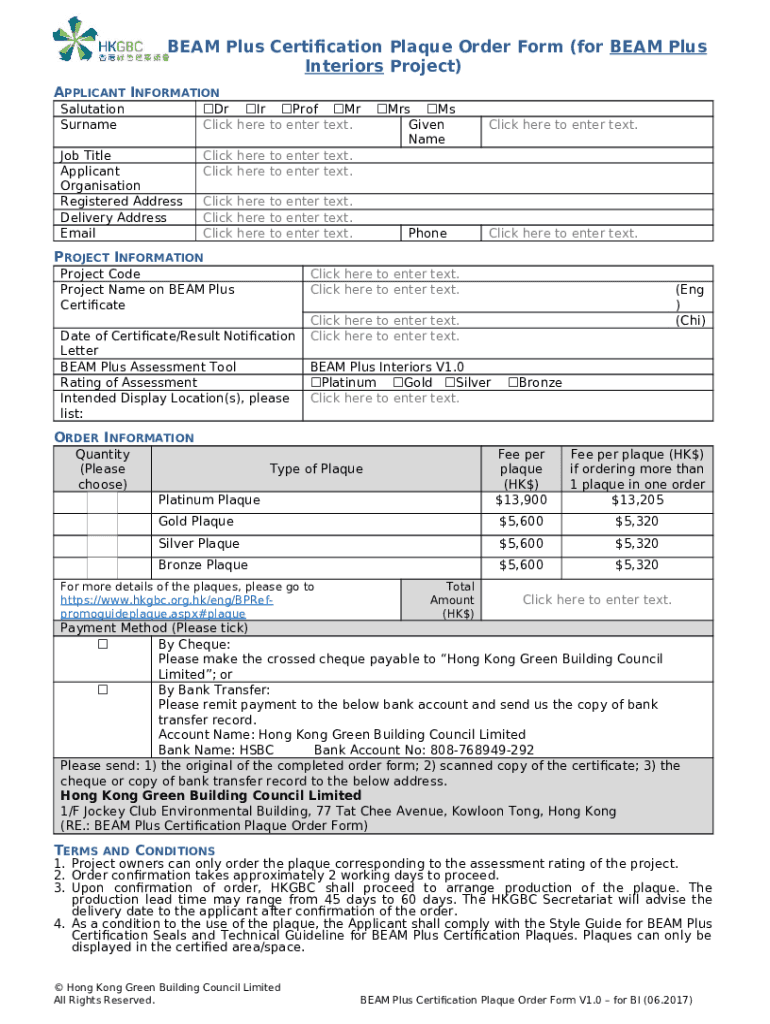 HKGBC BEAM Plus Certification Plaque Order Doc Template | pdfFiller