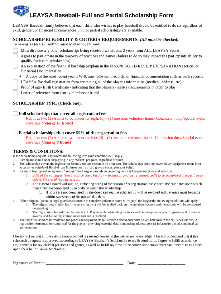 LEAYSA Baseball- Full and Partial Scholarship Doc Template | pdfFiller