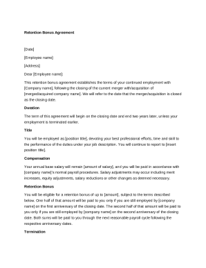Standard of Retention Bonus Agreement Doc Template | pdfFiller