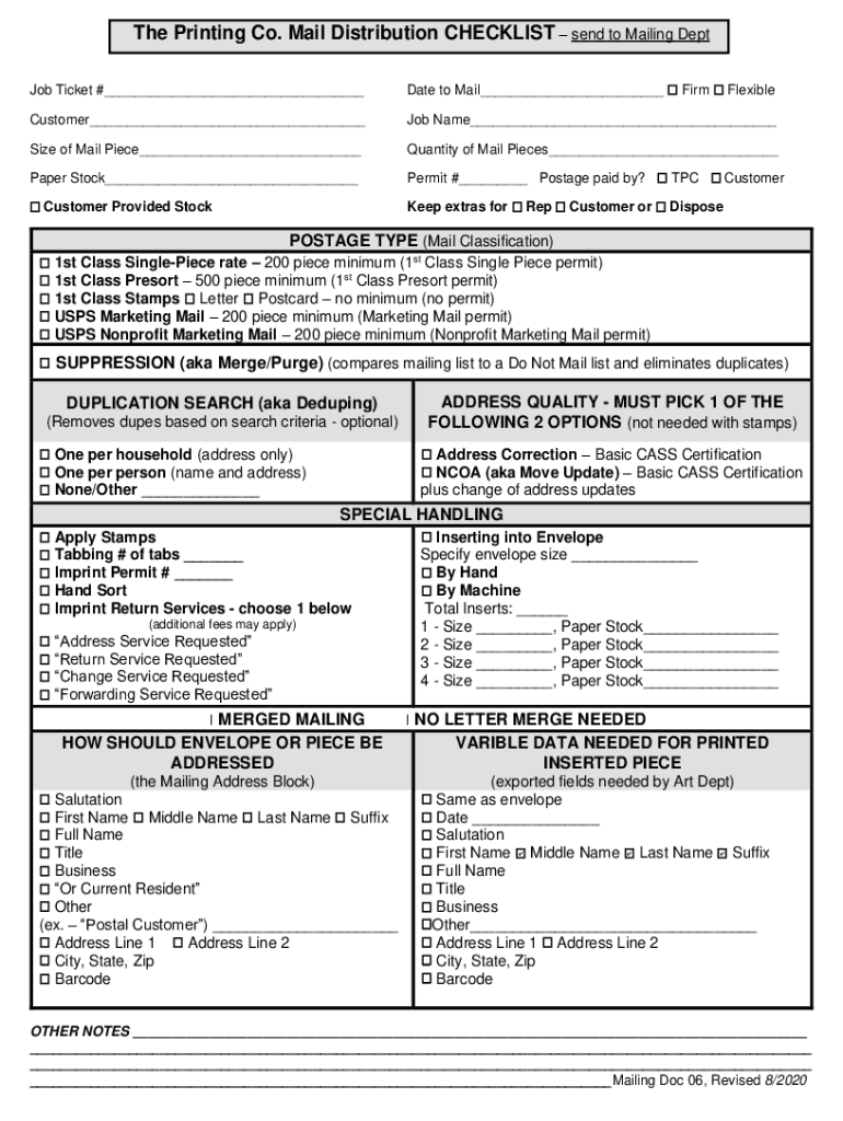 Fillable Online The Printing Co. Mail Distribution CHECKLIST Fax Email ...