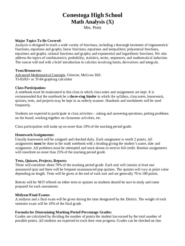 Conestoga High School - Math Analysis (AB) Doc Template | pdfFiller
