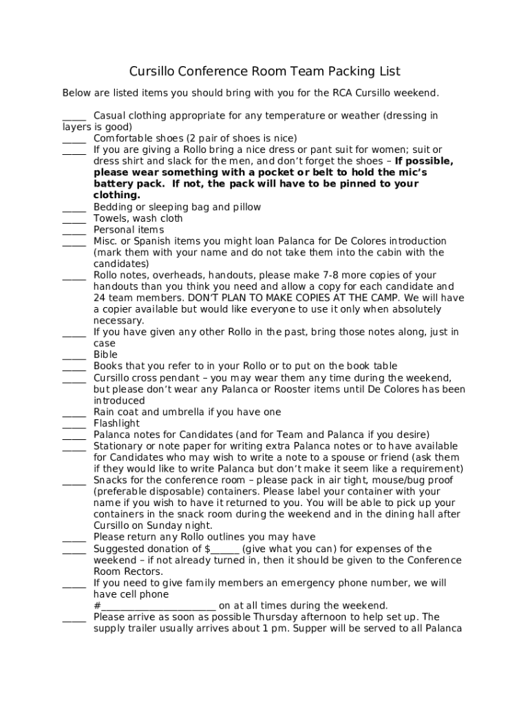 Items to Remember for the Women's Cursillo Weekend Doc Template | pdfFiller