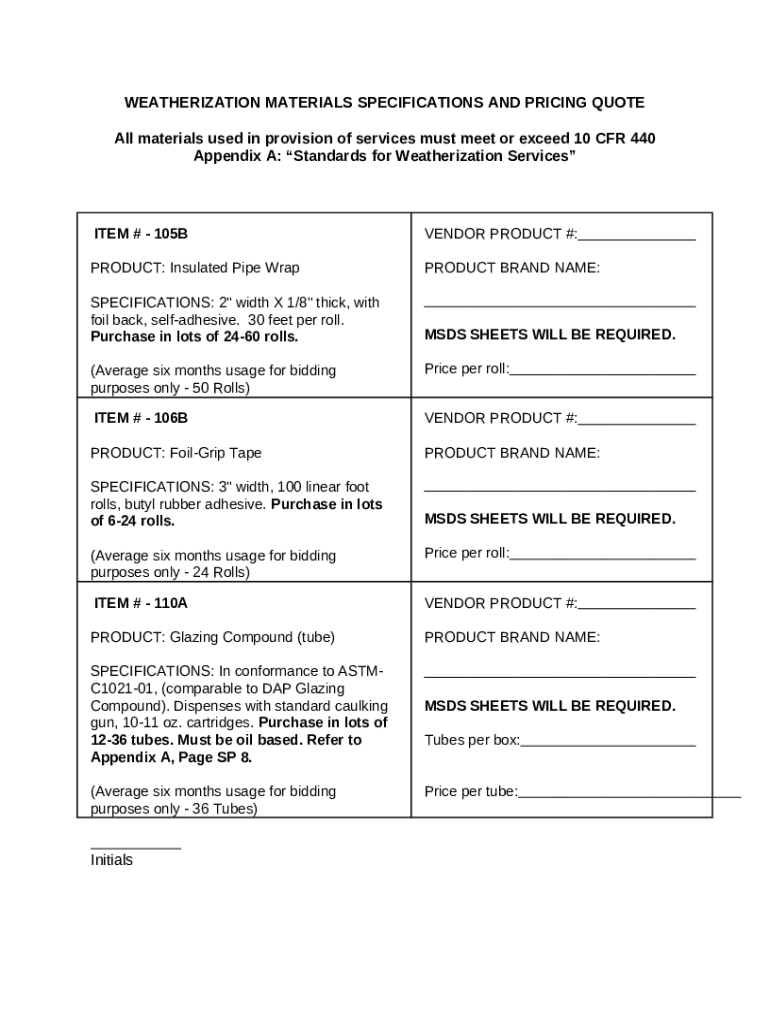 WEATHERIZATION MATERIALS SPECIFICATIONS AND PRICING QUOTE Doc Template ...