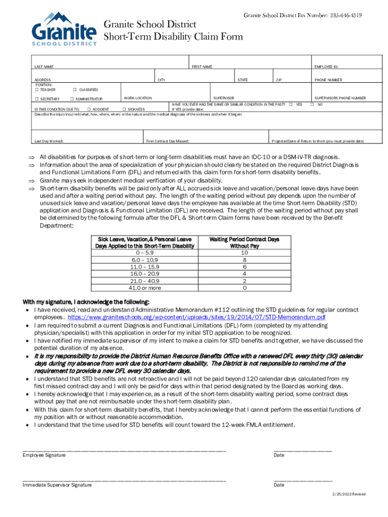 Fillable Online Granite School District Short-Term Disability Claim Form Fax Email Print - pdfFiller