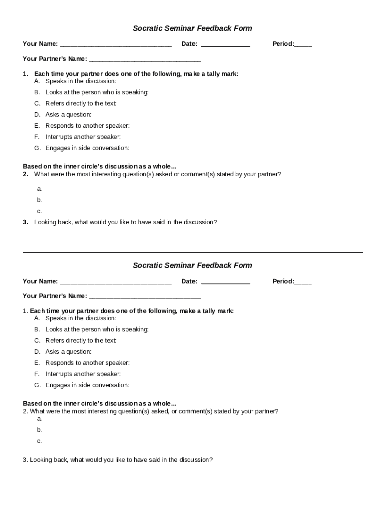 Socratic Circle Feedback Doc Template | pdfFiller