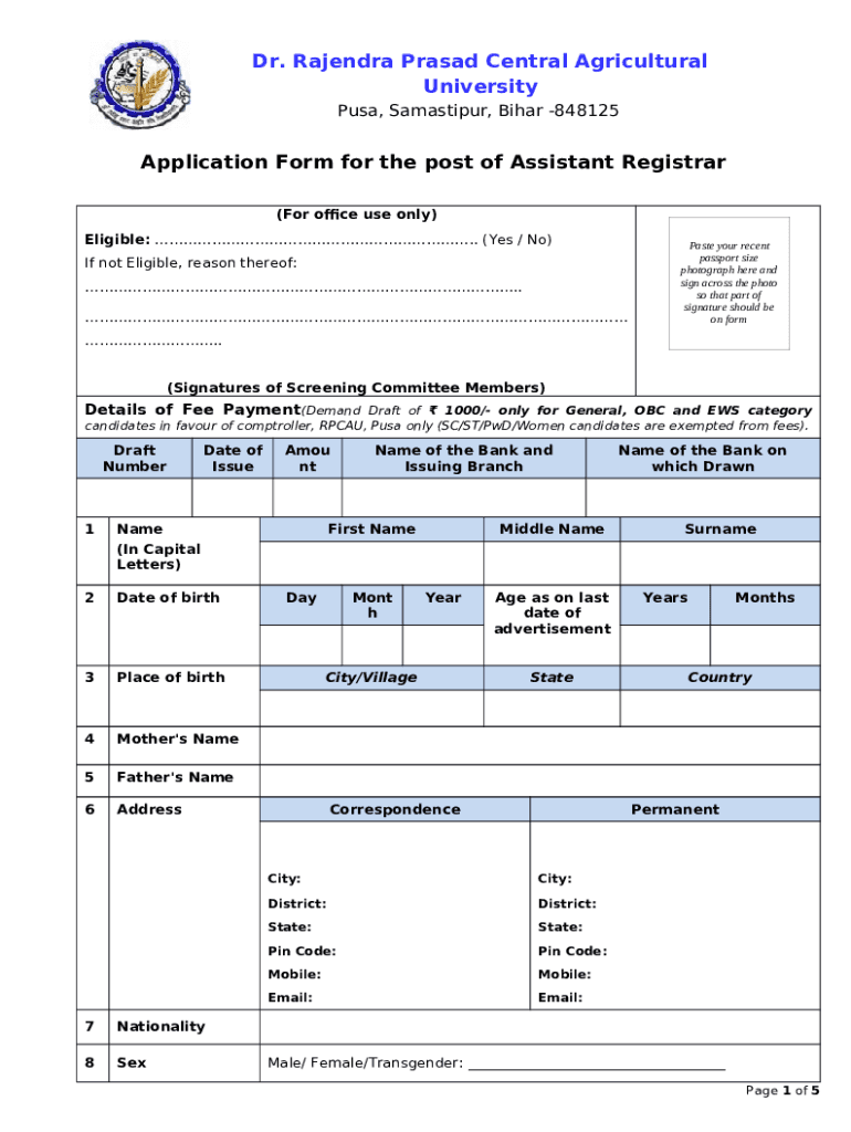 Application - Assistant Registrar Doc Template | pdfFiller