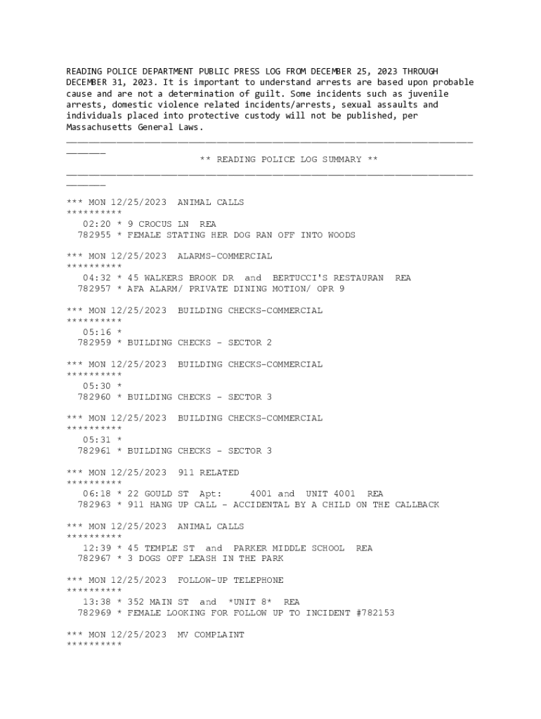 Fillable Online reading police department public press log from ...