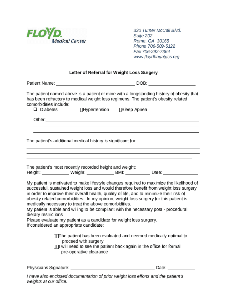 Letter of Referral for Weight Loss Surgery - Blank Fillable Template ...