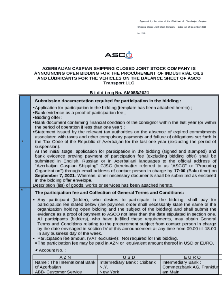 AZERBAIJAN CASPIAN SHIPPING CLOSED JOINT STOCK COMPANY IS ANNOUNCING ...