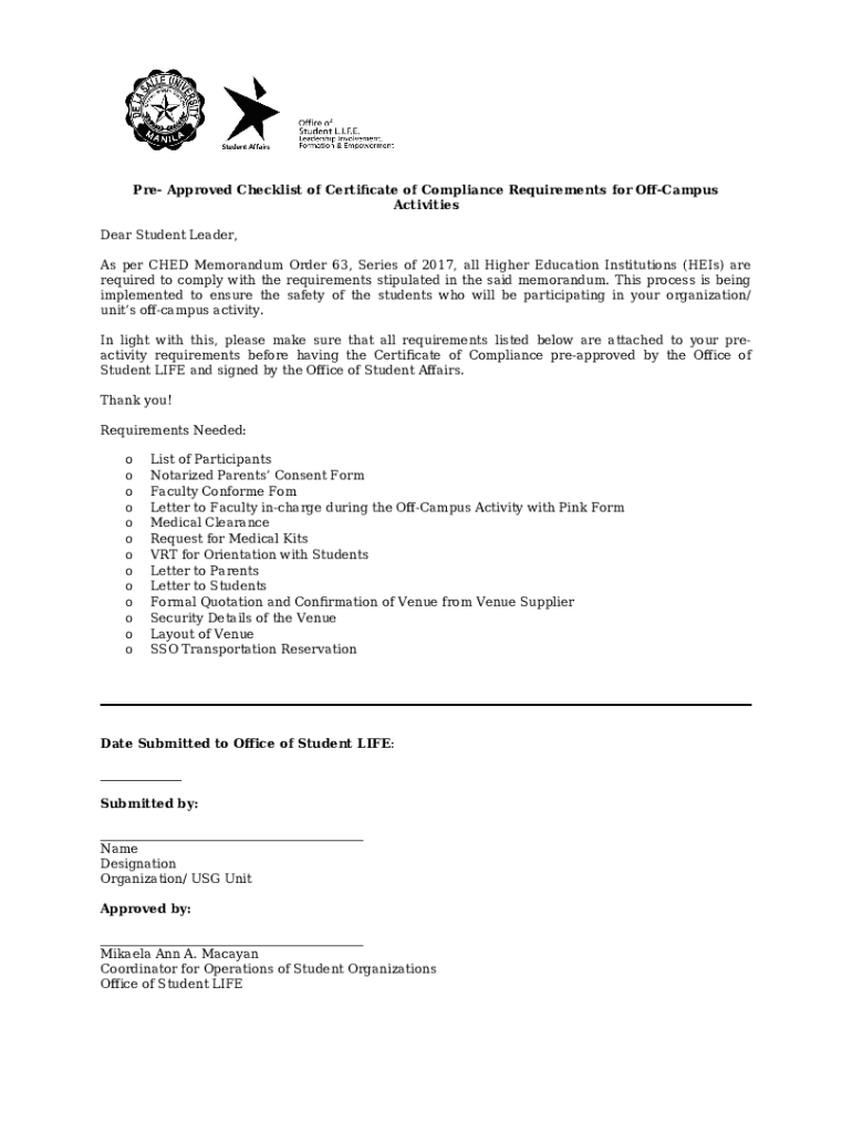 Pre-Approved Checklist of CHED Certificate of Compliance Doc Template ...