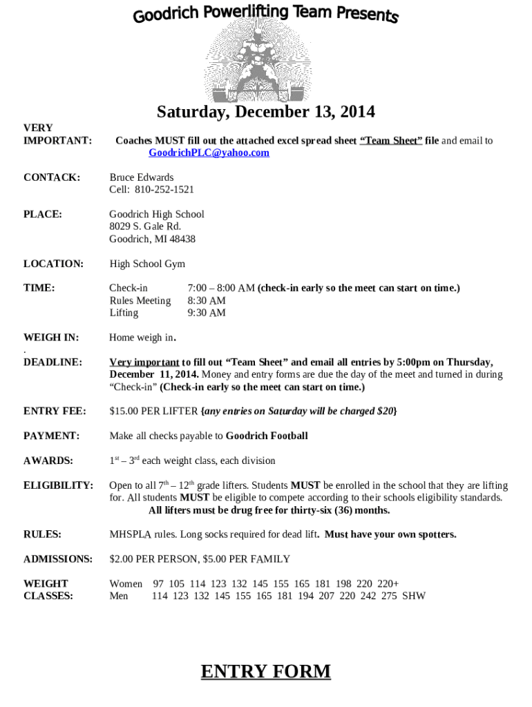 Goodrich Powerlifting Team. MHSPLA Meet Entry Doc Template | pdfFiller
