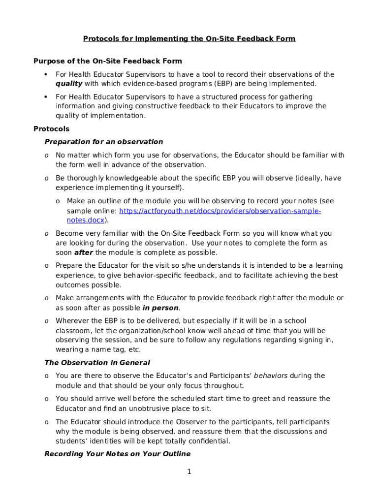 Protocols for Implementing the On-Site Feedback Doc Template | pdfFiller
