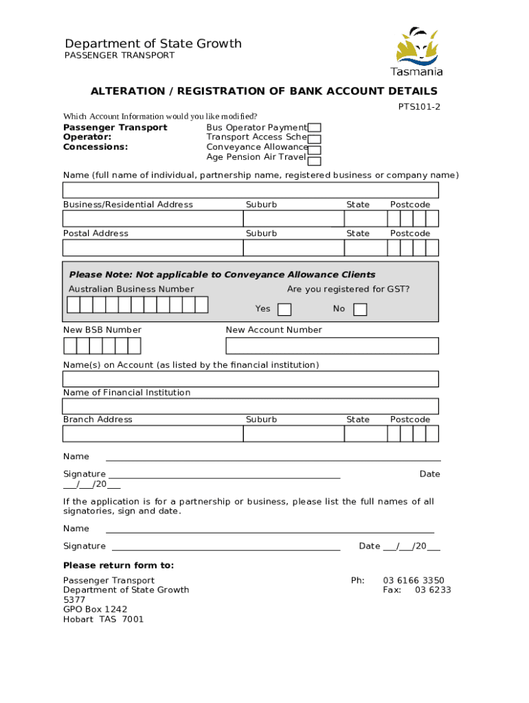 alteration / registration of bank account details Doc Template | pdfFiller