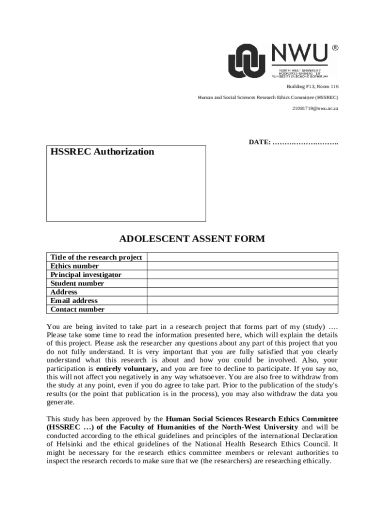 HSSREC Authorization ADOLESCENT ASSENT Doc Template | pdfFiller