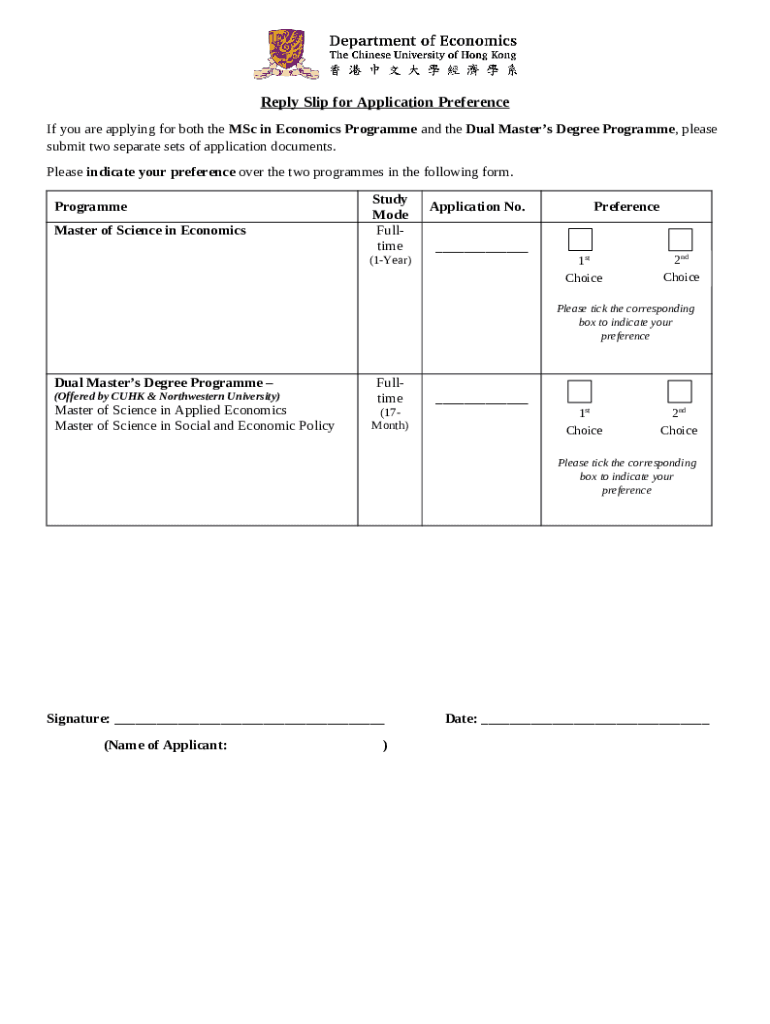 Reply Slip for Application Preference Doc Template | pdfFiller