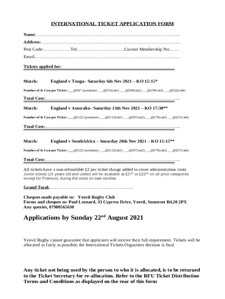 INTERNATIONAL TICKET APPLICATION Doc Template | pdfFiller