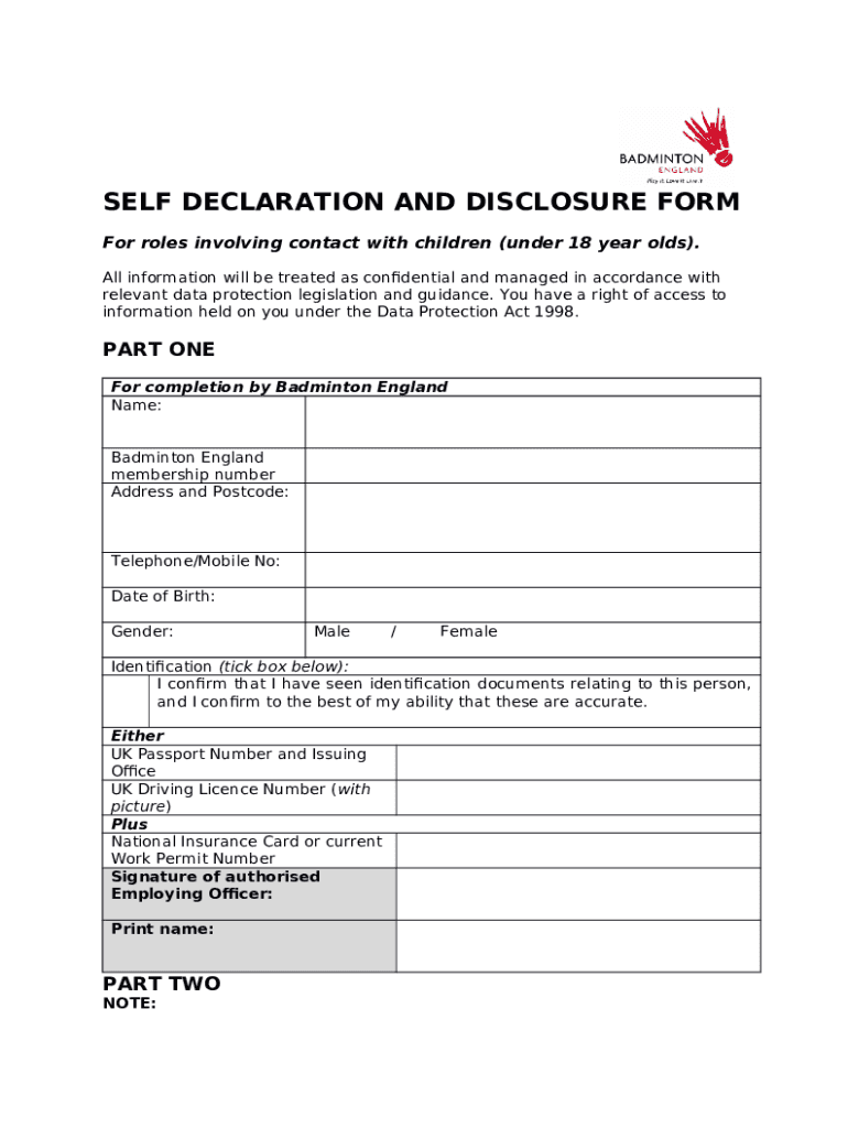 SG2 Self - Declaration and disclosure Doc Template | pdfFiller
