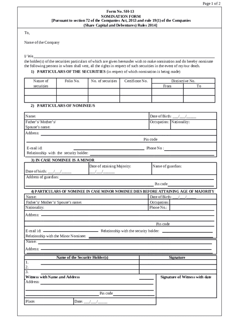 No. SH-13 Nomination (Pursuant to Section 72 ... Doc Template | pdfFiller