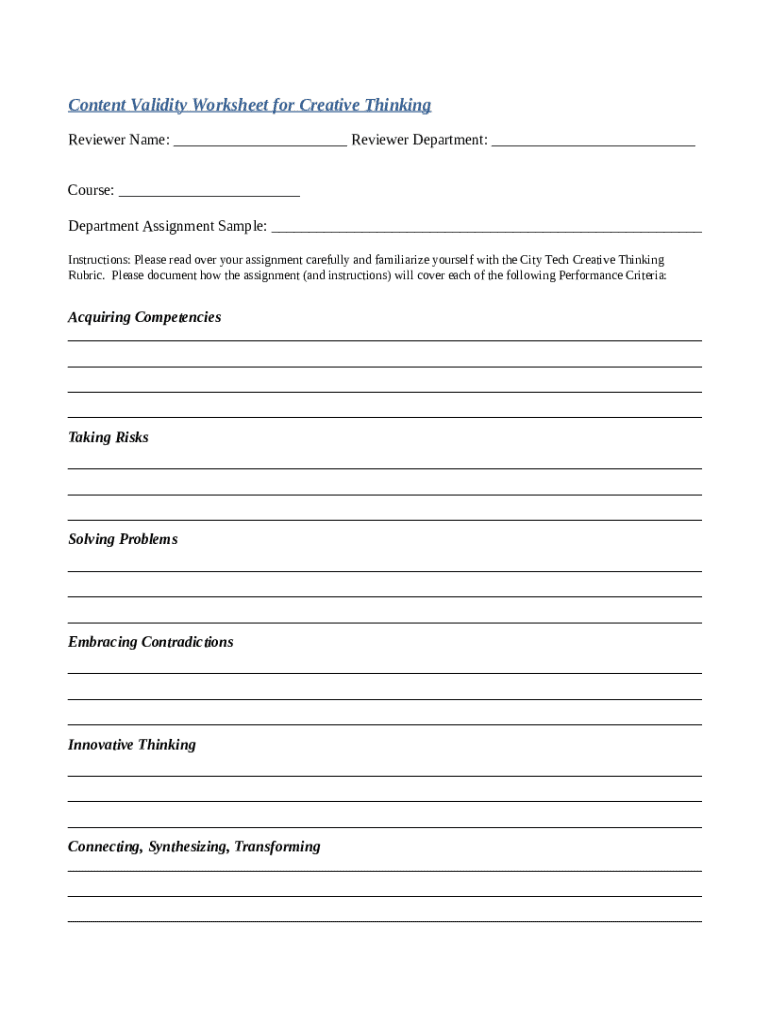 Content Validity Worksheet Creative Thinking Doc Template | pdfFiller