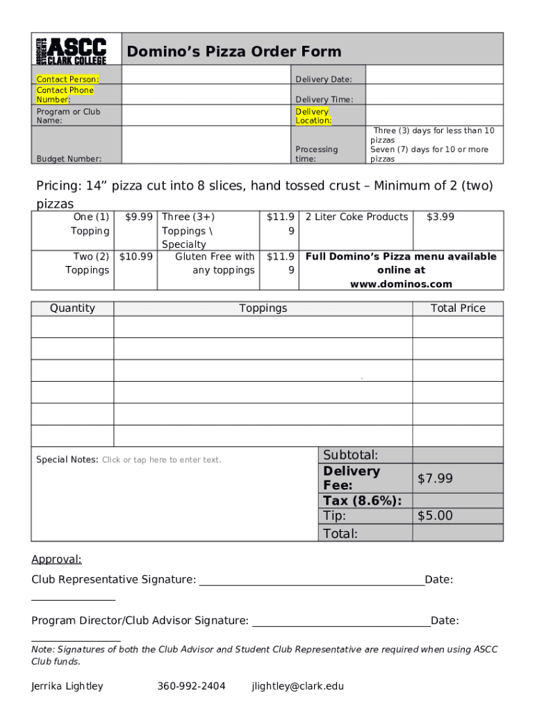 Domino's Pizza Order Doc Template | pdfFiller