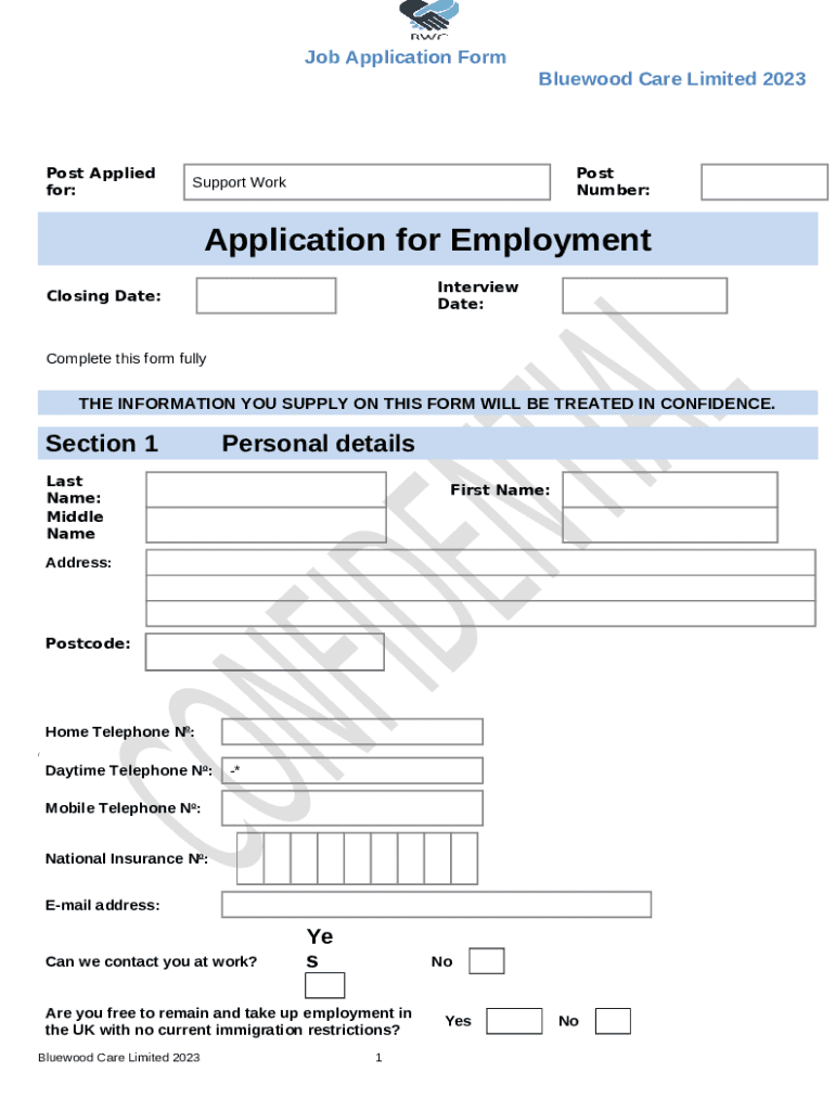 Care & Support Worker Job Application Doc Template | pdfFiller